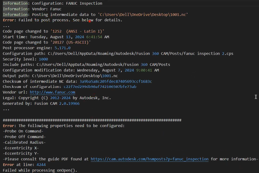 NC code failed to post with Fanuc inspection post processor in Fusion