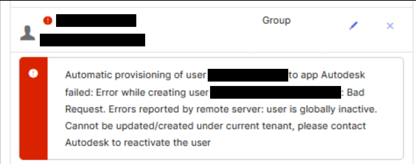 Autodesk SSO(단일 로그온)에 대한 사용자의 자동 프로비저닝 오류 메시지