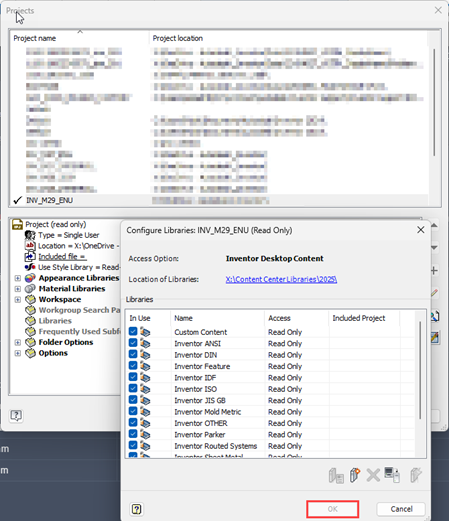 OK button not active when configuring Inventor Content Center Libraries