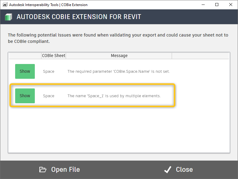 在 Autodesk Interoperability Tools for Revit 导出的电子表格中，存在重复的空间