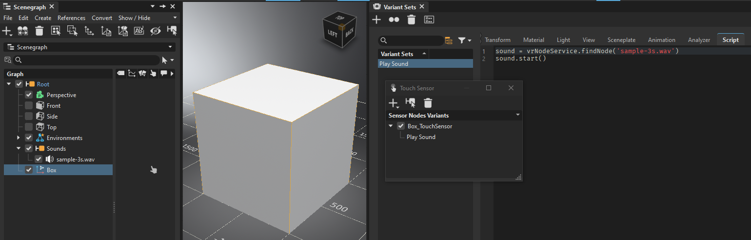 How to start audio using touch sensors in VR in VRED