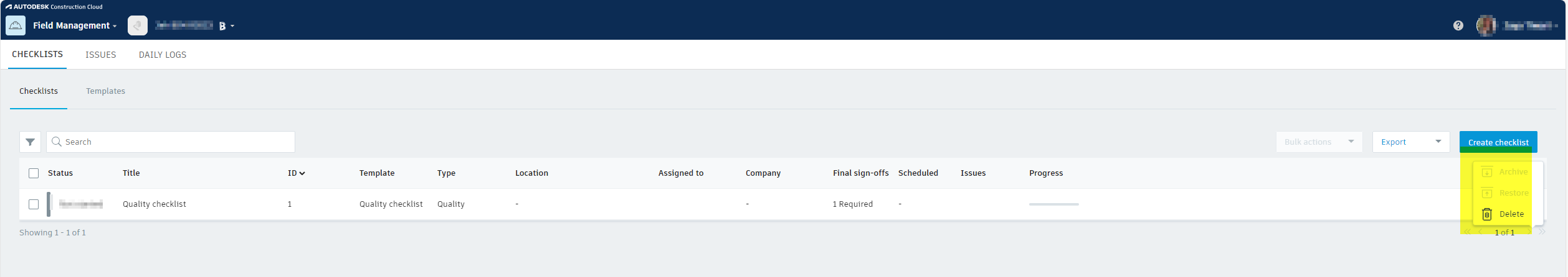 Cannot recover deleted checklist template BIM 360 Field Management