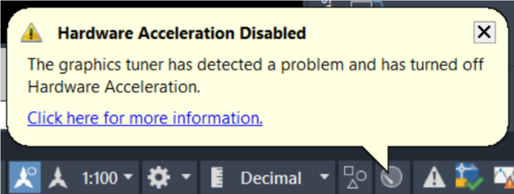 "The graphics tuner has detected a problem..." after enabling hardware acceleration in AutoCAD
