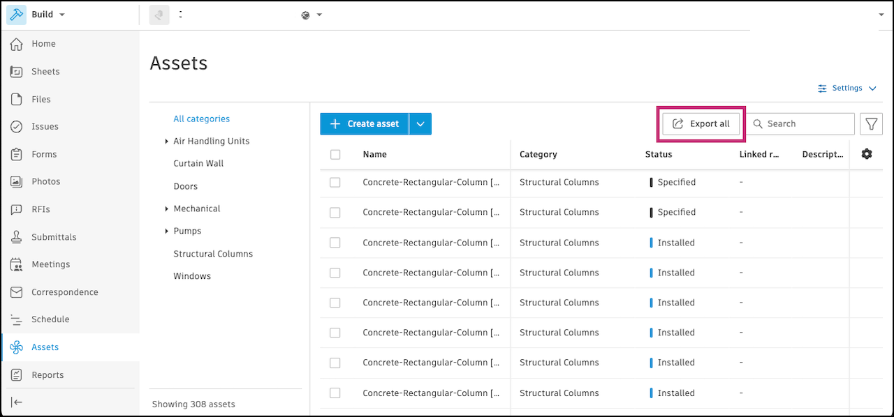ACC Build および BIM 360 で、少数のアセット インスタンスが複数の類似した項目として重複している