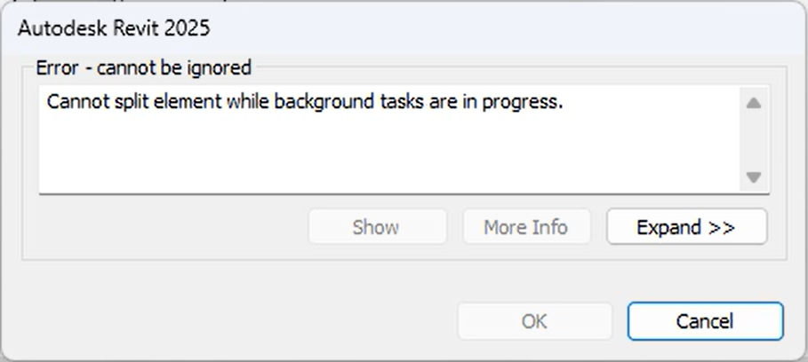 "Cannot perform....because background calculations are in progress" appears when working in Revit