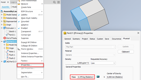 Component mass after Boolean operation in Inventor assembly