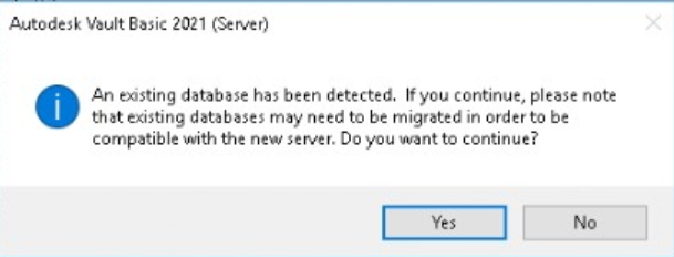 "An existing database has been detected. If you continue..." when installing Vault Server