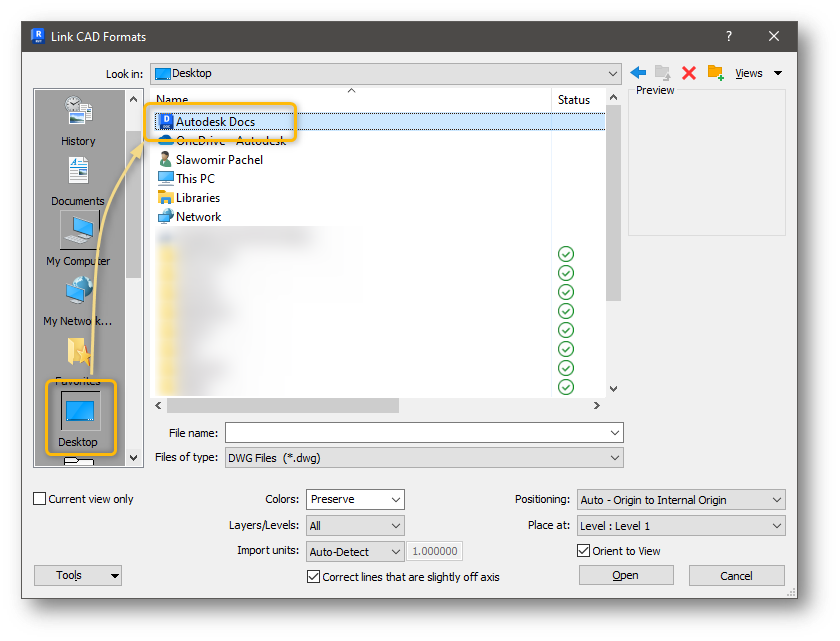 When attempting to link CAD files in Revit, project folders and files in Autodesk Construction ...