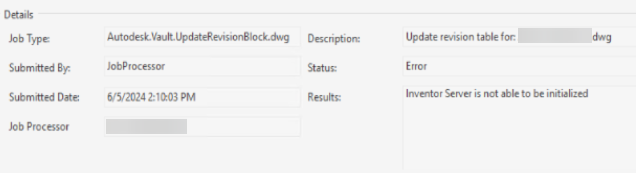 "Inventor server is not able to be initialized" on a failed Vault Job