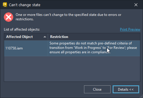 "Some properties do not match predefined criteria of transition from [State 1] to [State 2 ...