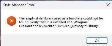 Unable to start Inventor style library manager 2025