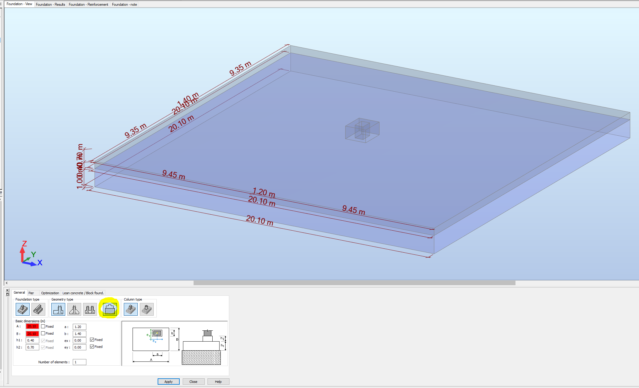 Robot Structural Analysis에서 린 콘크리트가 활성화되었을 때 NF P 94-261에 따라 설계된 대형 콘크리트 기초