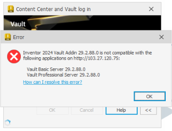 Vault Serverのアップグレード後、Vault Clientのサインイン中に「Inventor YYYY Vault Add-inに互換性がありません...」と表示されます