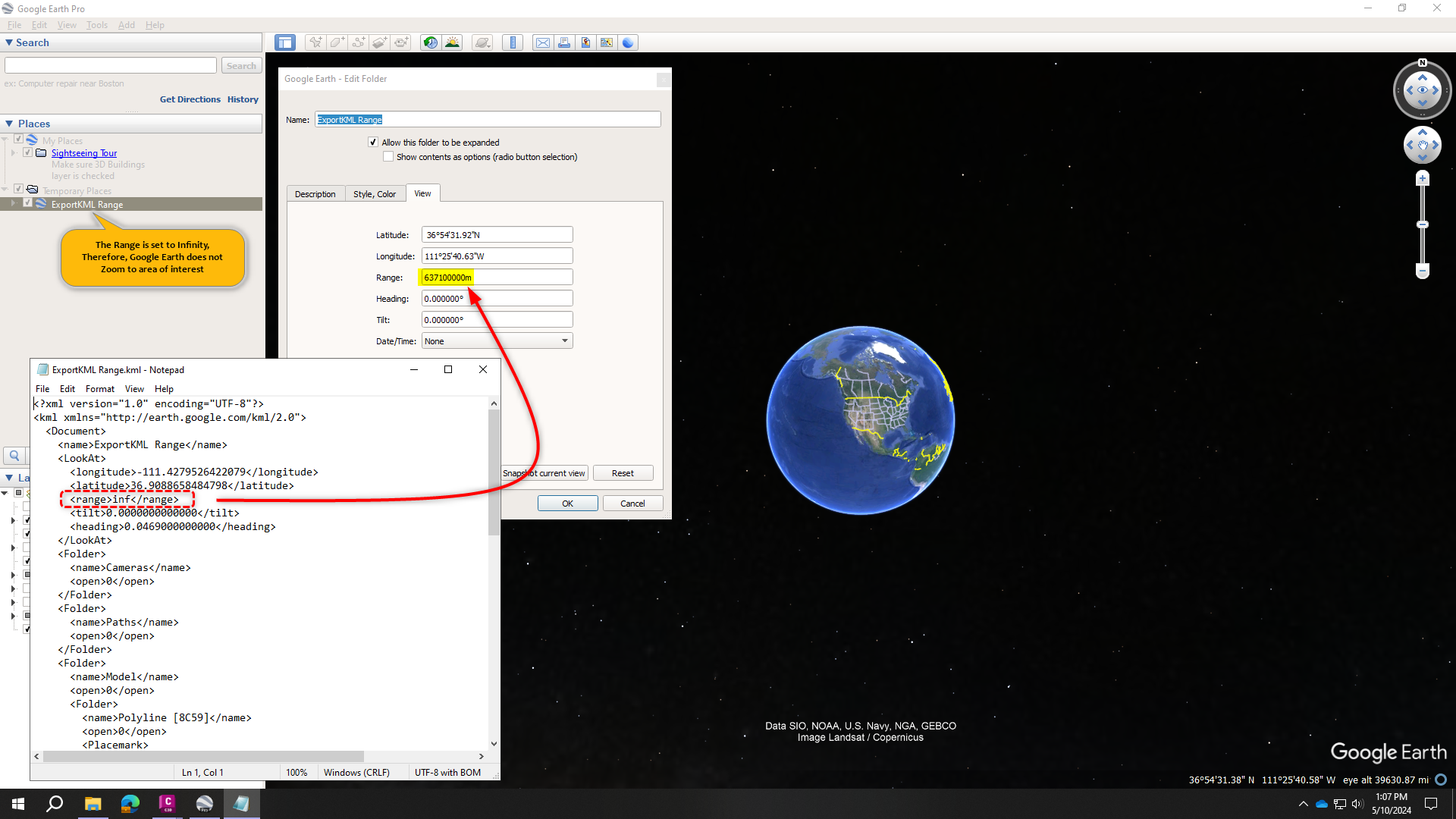 KML is zoomed out in Google Earth using ExportKML in Civil 3D