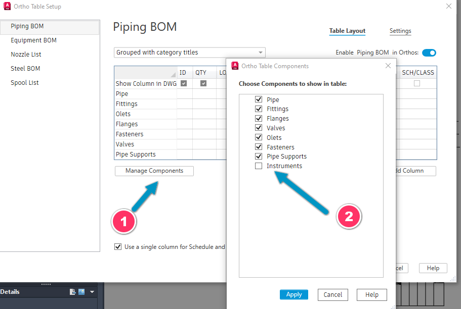 Missing components in the Orthographic BOM of AutoCAD Plant 3D