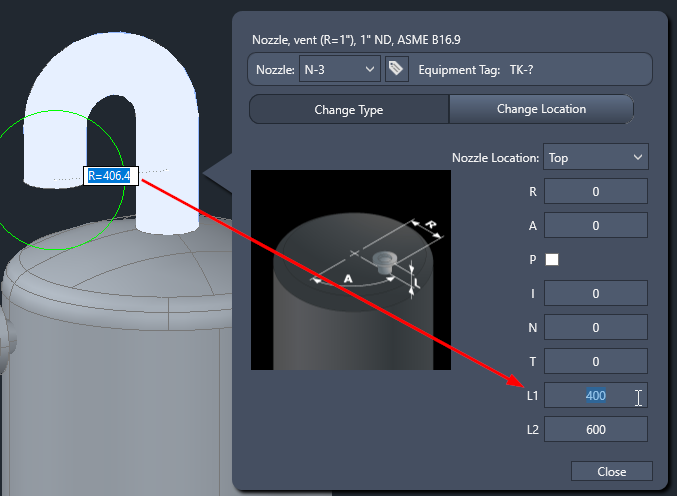 How to have a Vent Nozzle without the L1 length in AutoCAD Plant 3D
