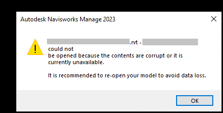 "RVT file could not be opened because the contents are corrupt ..." when opening Model ...
