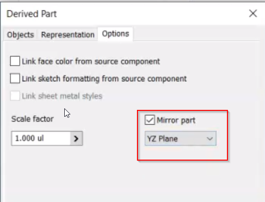 In Inventor part the sketch block is not mirrored in derived part with mirror option active