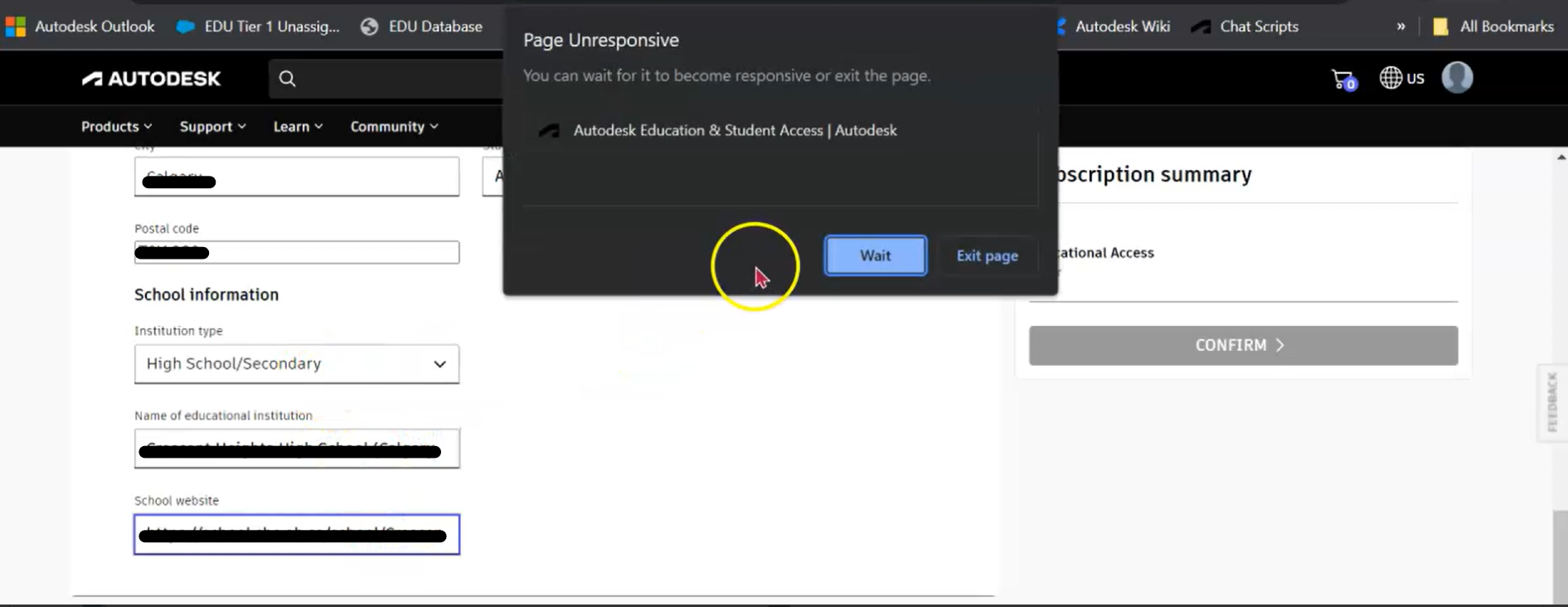 Education Plan Page Unresponsive After Confirming School Address Details 