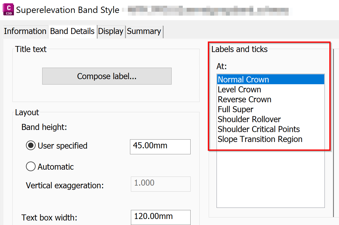 The band style for superelevation is missing labels in a profile view ...