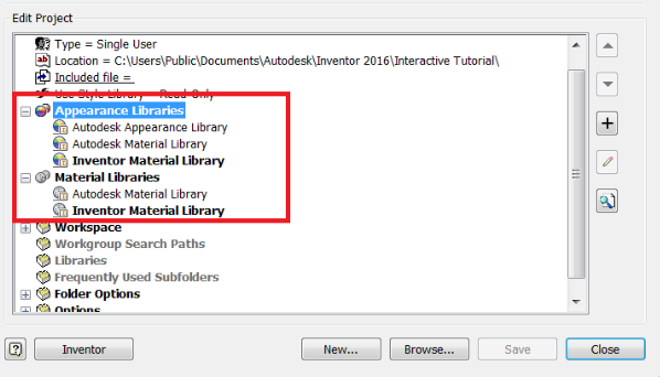 Moving Inventor appearance and material libraries to a common location