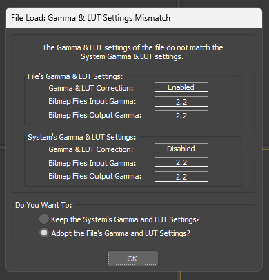 'File Load: Gamma & LUT Settings Mismatch' warning message no longer opens in 3ds Max 2024