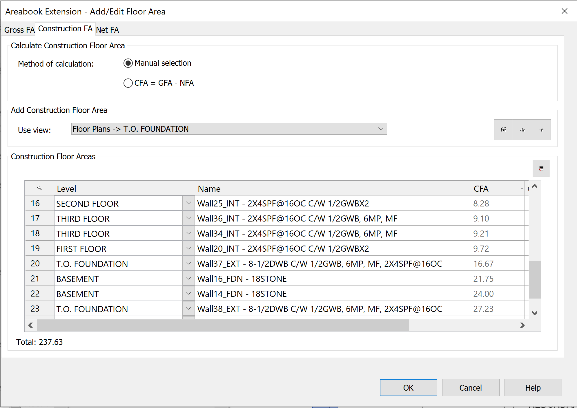 Unable to select main walls of building as part of Construction Floor Area in Revit