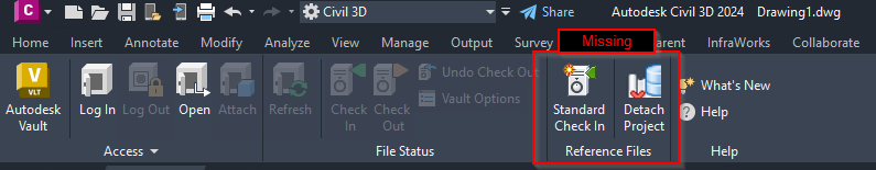Standard Check In & Detach Project Vault buttons missing in Civil 3D