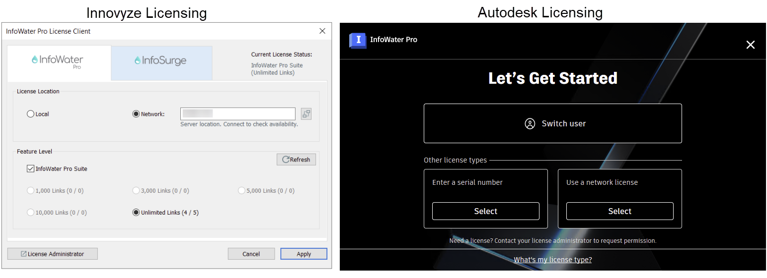 How to switch between Innovyze (Thales) and Autodesk licensing in InfoWater Pro