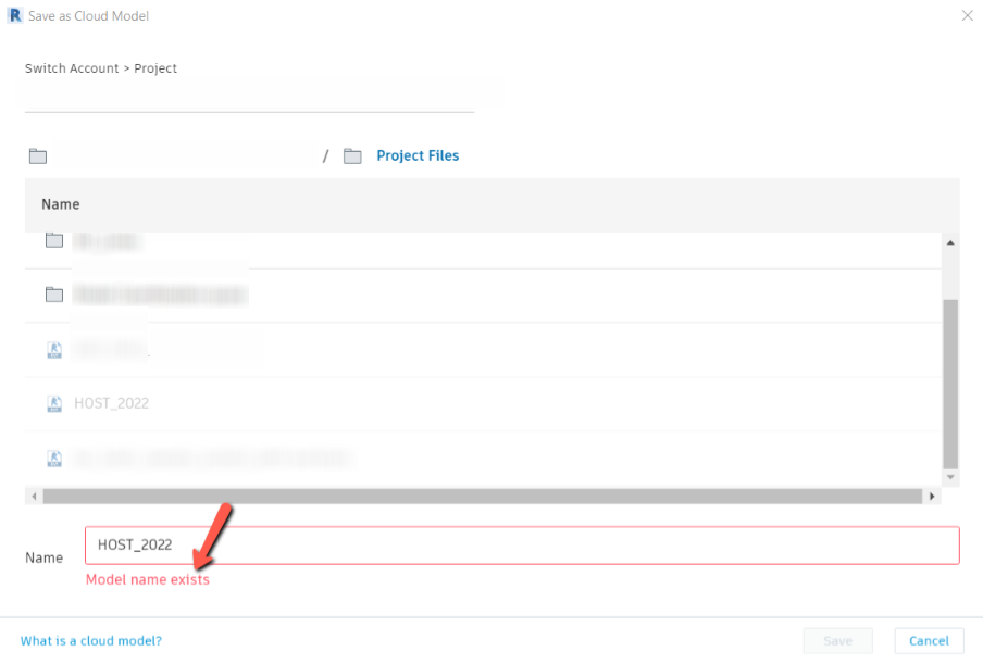"Model name exists" when trying to save Revit model to cloud