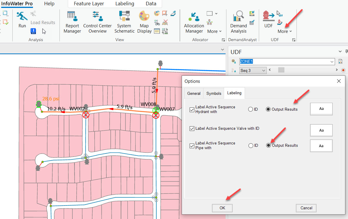 How to create map labels for UDF results in InfoWater Pro