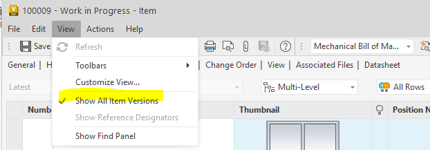 When using the Item BOM view for all item versions, the second list ...