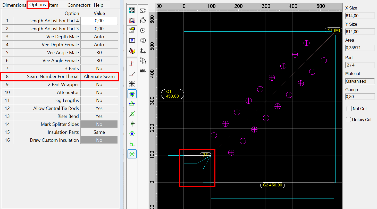 How to set a different Seam for Throats in Tee and Bend items in CAMduct