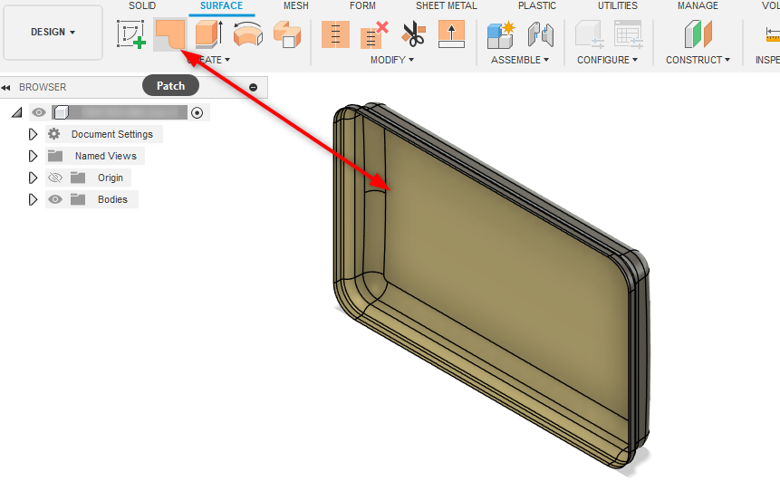 How to create a solid body using multiple surfaces in Fusion