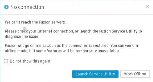 "No Connection. We can't reach the Fusion Servers" in Fusion