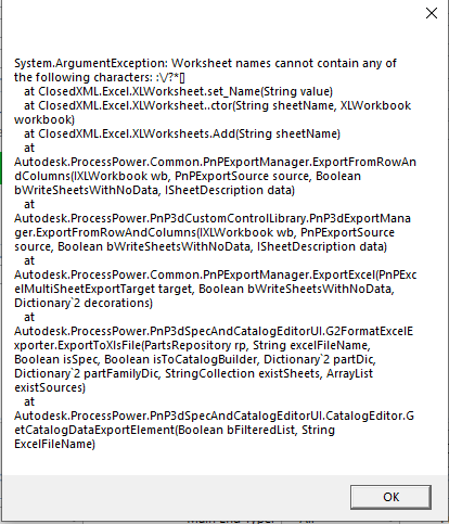 Export catalog to excel crashes in AutoCAD Plant 3D Spec Editor