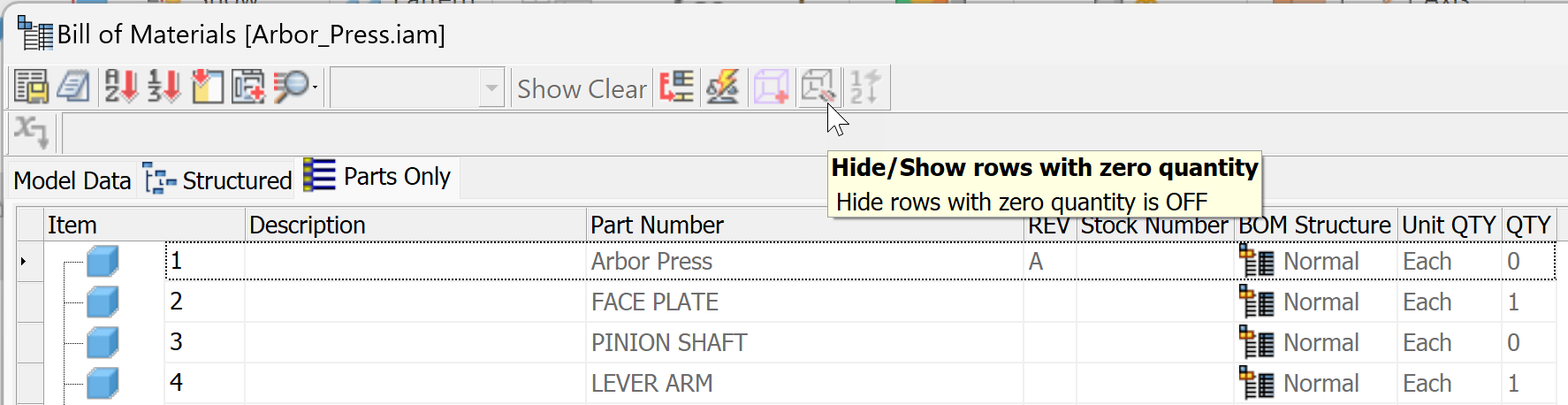 How to export a BOM of selected parts only in Inventor?