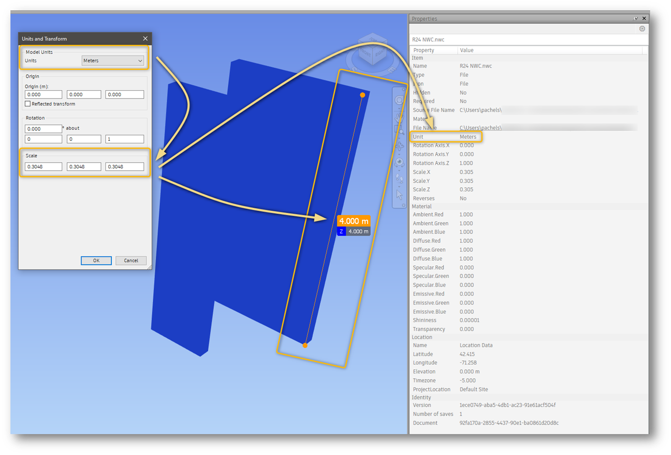 When importing an NWC or Revit file, the units in the Units and Transform window are set in feet ...