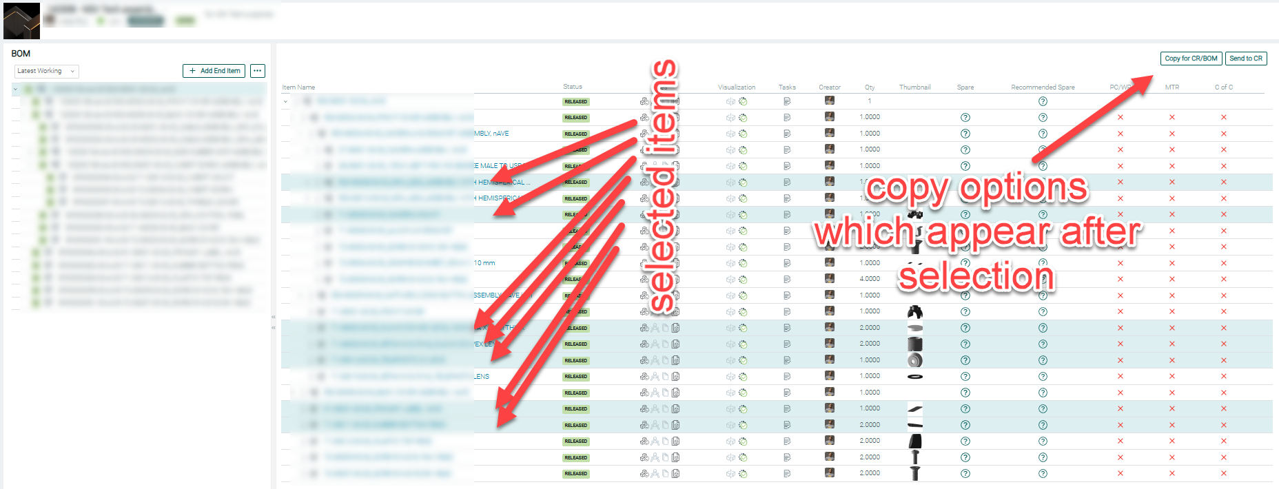 Copying multiple items at once for pasting into assemblies in Upchain