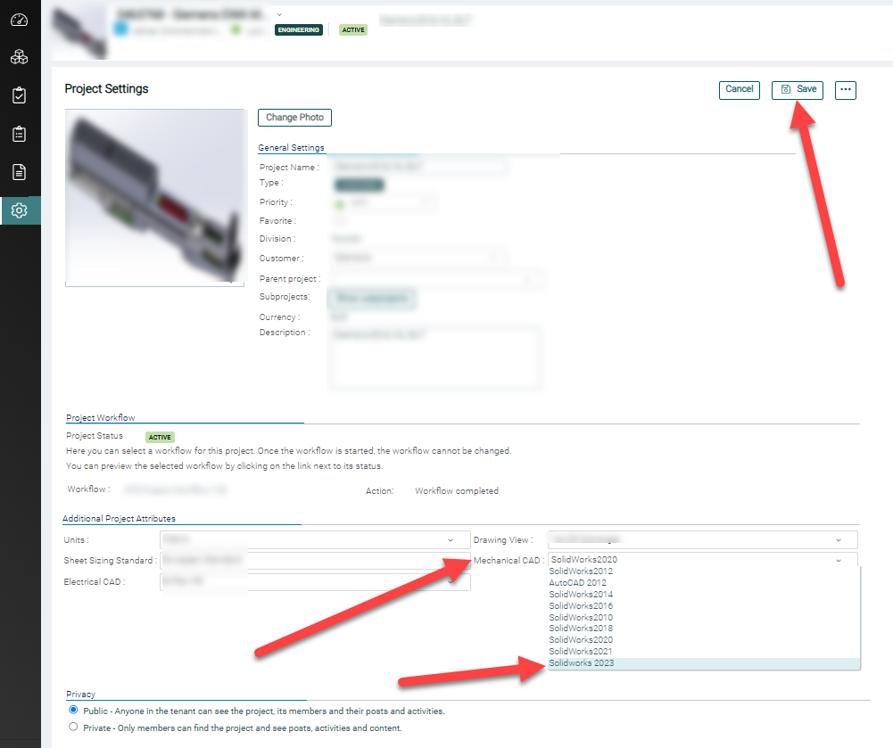 Mechanical CAD project attribute can't be changed in a specific project in Upchain