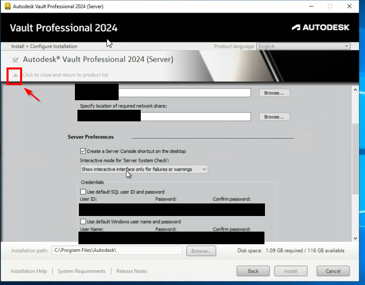 Vault Server のインストール中に、[インストール]ボタンが非アクティブまたはグレー表示される