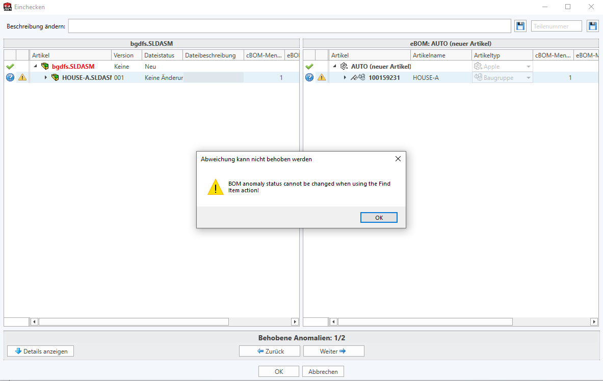 When using Find item feature in Upchain CAD plug-in the BOM wizard isn't showing any anomalies ...