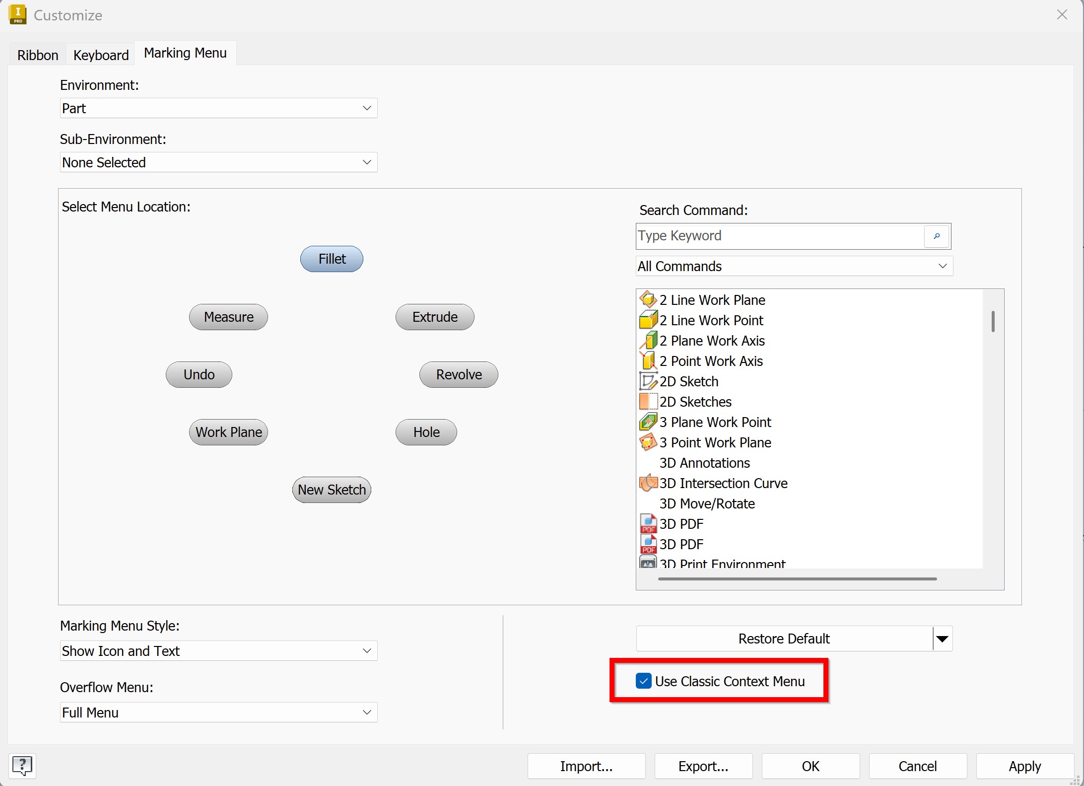 How to disable the Marking Menus in Inventor?