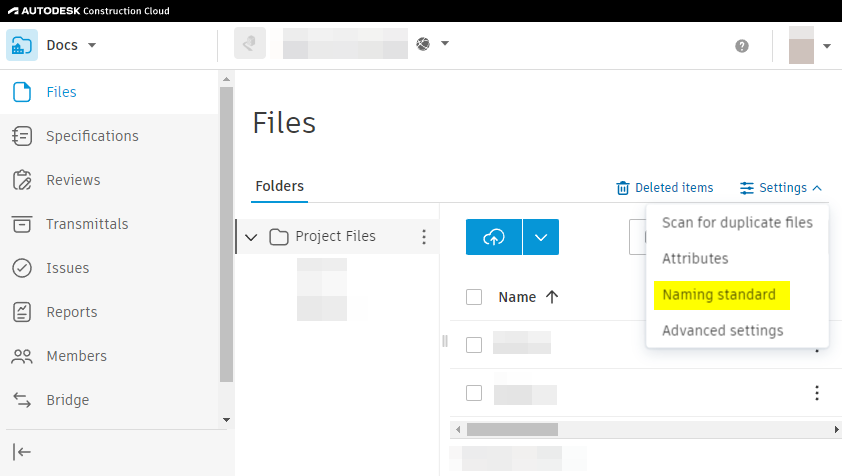 Naming standard setting missing in Files in ACC Build