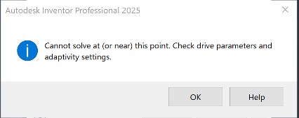 "Cannot solve at (or near) this point" while driving a constraint in Inventor