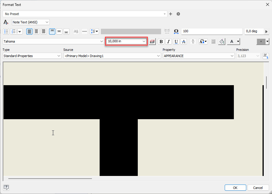 Large text does not fit in Format Text dialogs in Inventor