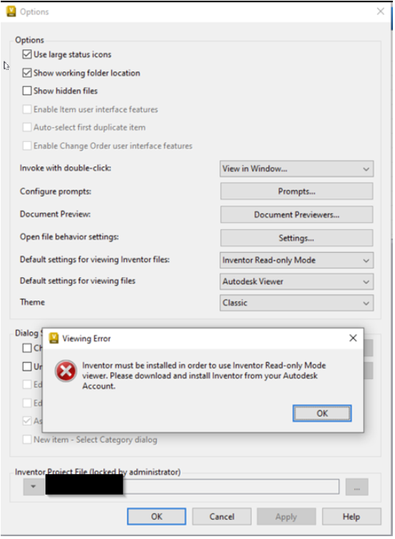 "Inventor must be installed ... " when saving Options in Vault