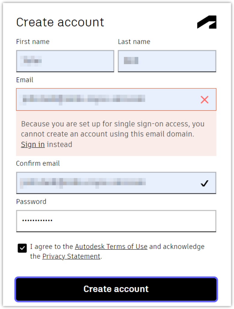 "Because you are set up for single sign-on access, you cannot create an ...