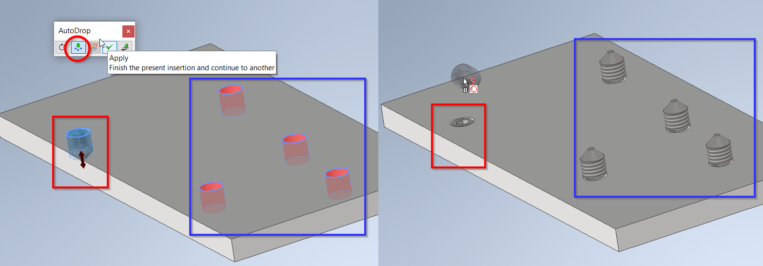 Orientación incorrecta de tornillos de ajuste insertados con AutoDrop en ensamblaje de Inventor