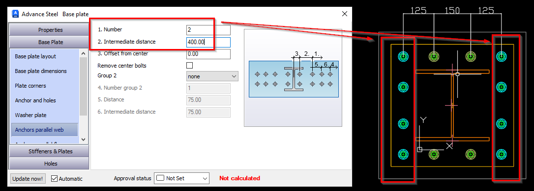 Advance Steelで、「ベースプレート」ジョイントのオプション「中央ボルトを削除」によって中央アンカーが削除されない